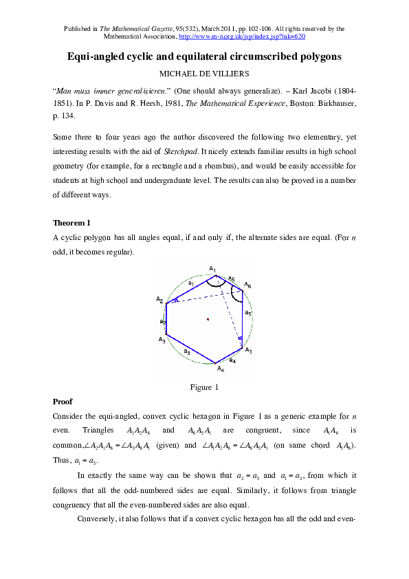 (PDF) Equi-angled cyclic and equilateral circumscribed polygons (semi-regular polygons)