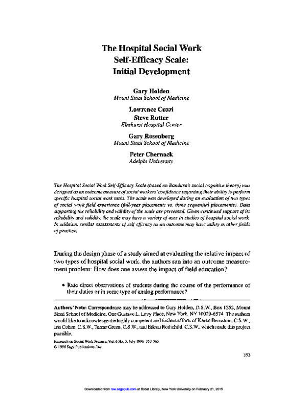 (PDF) The Hospital Social Work Self-Efficacy Scale: Initial development.