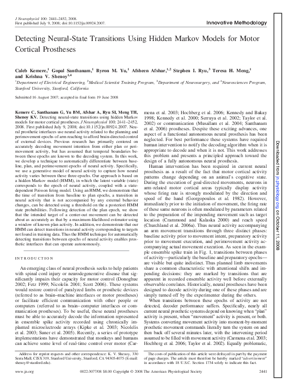 (PDF) Detecting Neural-State Transitions Using Hidden Markov Models for Motor Cortical Prostheses