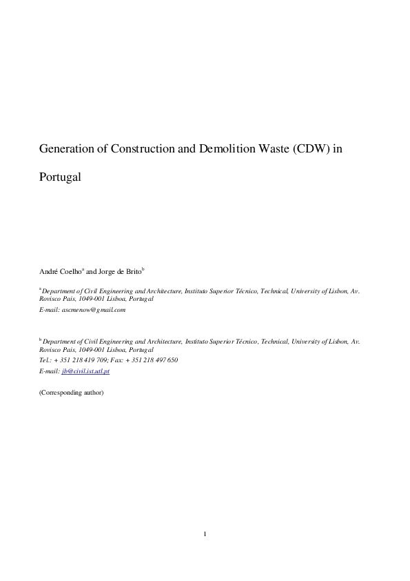 (PDF) Generation of Construction and Demolition Waste (CDW) in Portugal