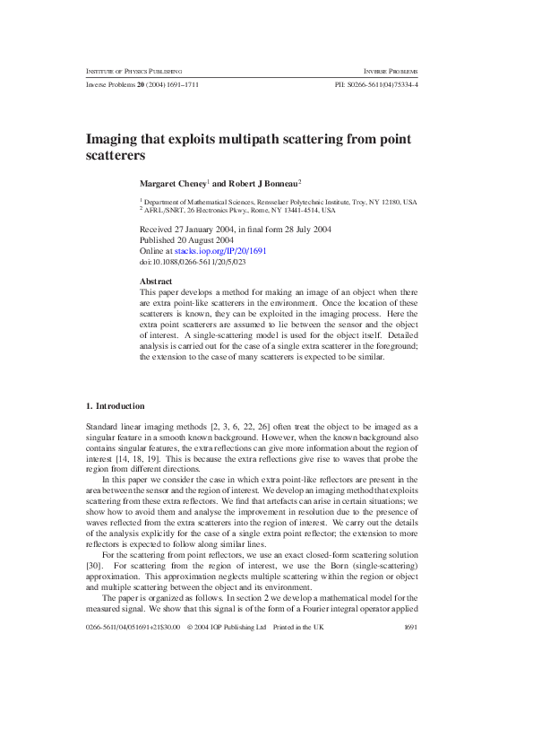(PDF) Imaging that exploits multipath scattering from point scatterers
