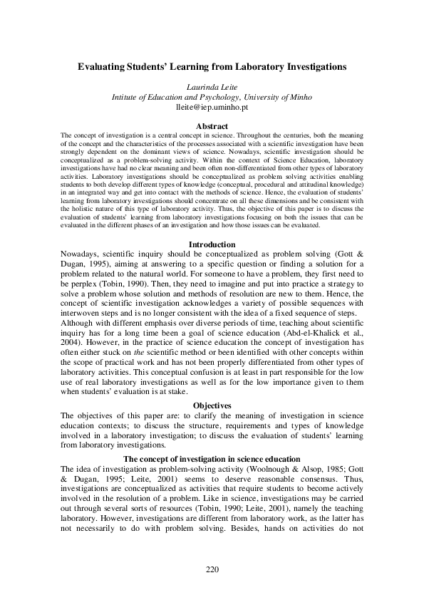 (PDF) Evaluating students’ learning from laboratory investigations