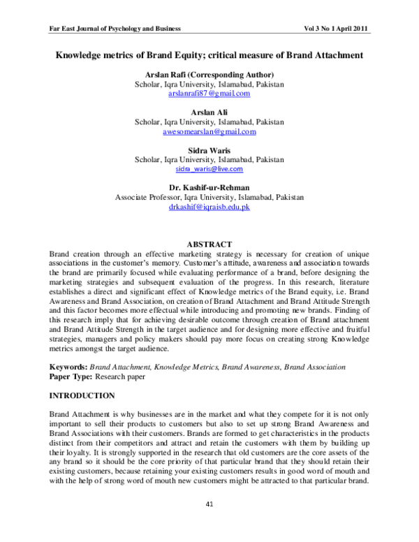 (PDF) Knowledge metrics of Brand Equity; critical measure of Brand ... (PDF) Knowledge metrics of Brand Equity; critical measure of Brand ...