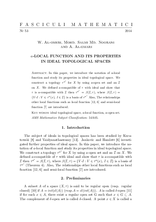 Pdf A Local Function And Its Properties In Ideal Topological Spaces