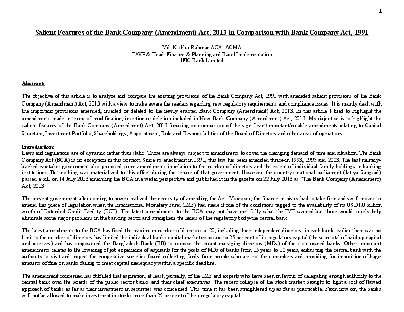 (DOC) Salient Features of Amendment of the BCA-2013 in Comparison with BCA-1991 9 Sept 2013