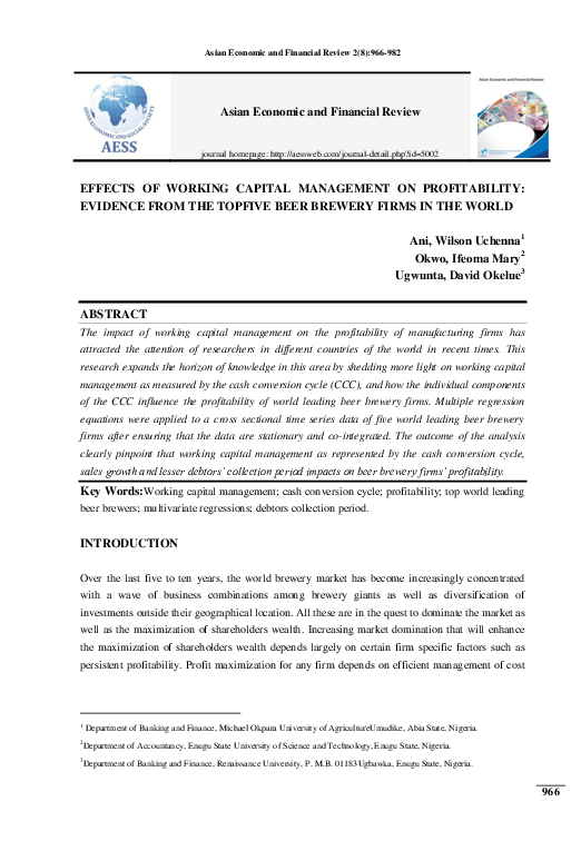 (PDF) EFFECTS OF WORKING CAPITAL MANAGEMENT ON PROFITABILITY: EVIDENCE FROM THE TOPFIVE BEER ...