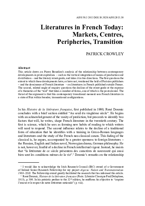 (PDF) Patrick Crowley, ‘Literatures in French Today? Markets, Centres ...