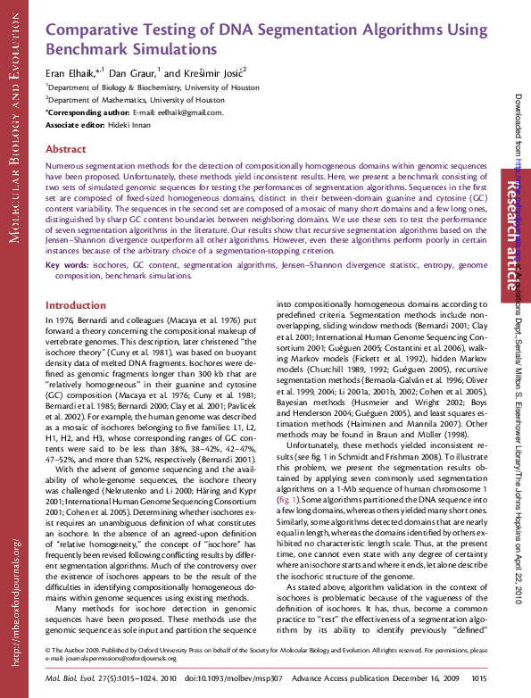 Pdf Comparative Testing Of Dna Segmentation Algorithms Using