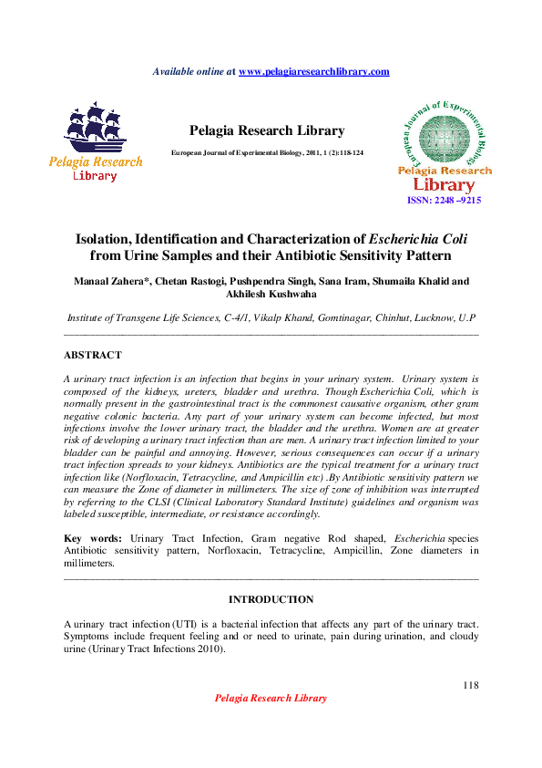 (PDF) Isolation, Identification and Characterization of Escherichia Coli from Urine Samples and ...
