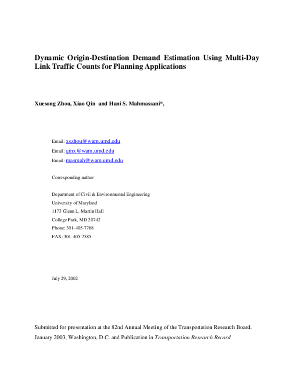 Pdf Dynamic Origin Destination Demand Estimation With Multiday Link