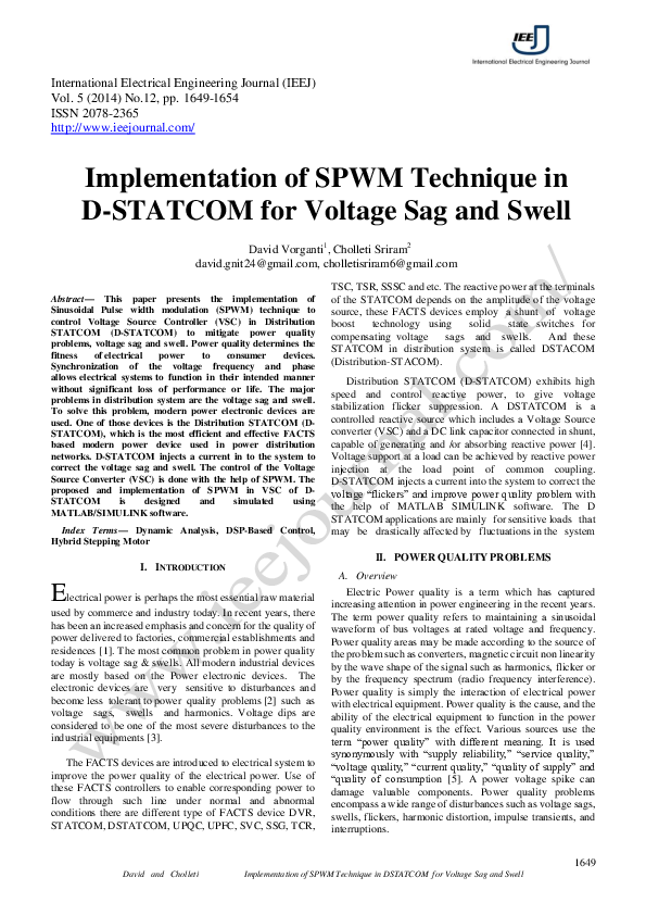 (PDF) Implementation of SPWM Technique in D-STATCOM for Voltage Sag and Swell