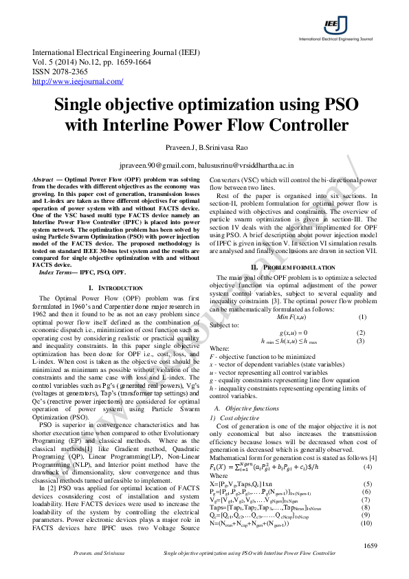 Pdf Single Objective Optimization Using Pso With Interline Power Flow