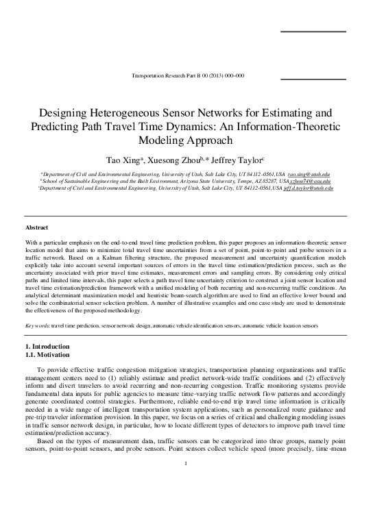 (PDF) Designing heterogeneous sensor networks for estimating and predicting path travel time ...