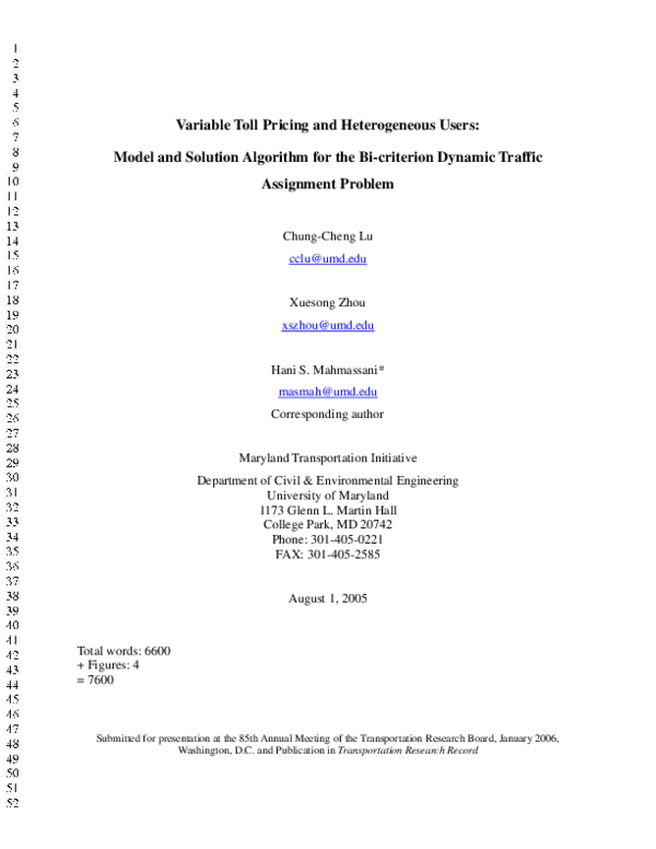 (PDF) Variable Toll Pricing and Heterogeneous Users: Model and Solution Algorithm for ...