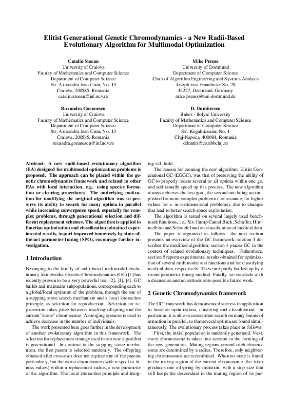 Pdf Elitist Generational Genetic Chromodynamics A New Radii Based Evolutionary Algorithm For