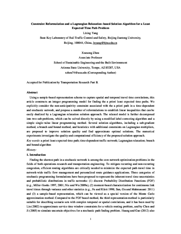 Pdf Constraint Reformulation And A Lagrangian Relaxation Based Solution Algorithm For A Least