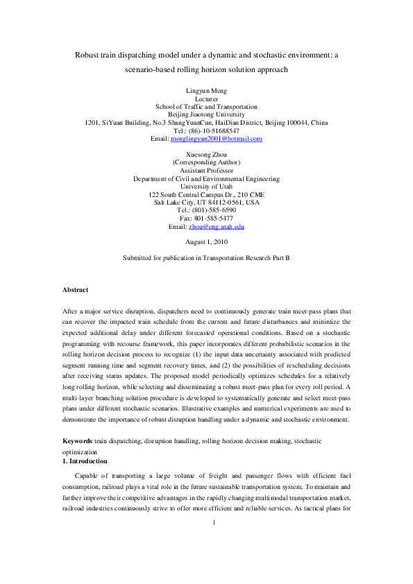 Pdf Robust Single Track Train Dispatching Model Under A Dynamic And Stochastic Environment A