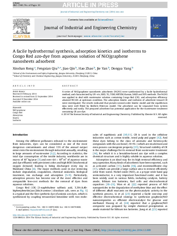 (PDF) A facile hydrothermal synthesis, adsorption kinetics and isotherms to Congo Red azo-dye ...