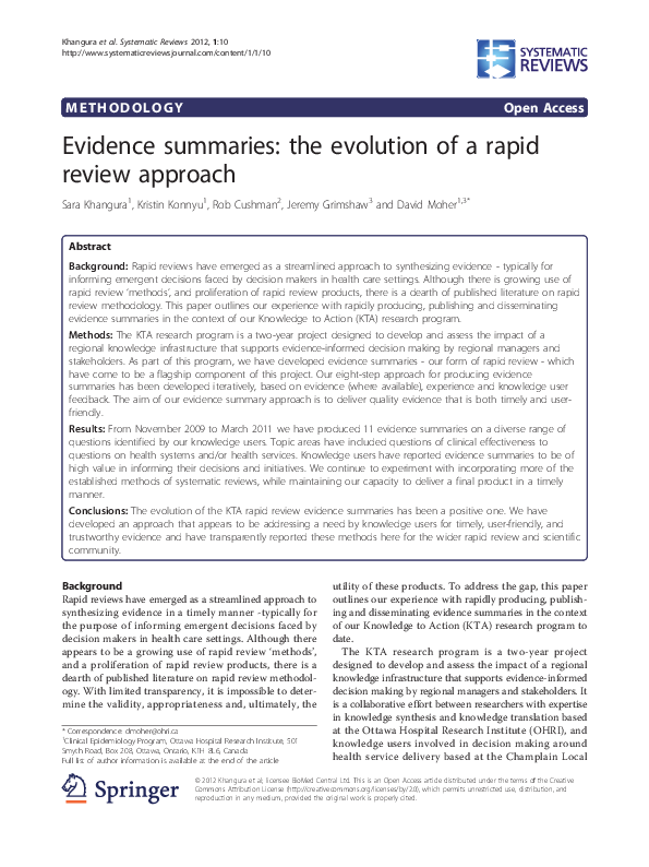 (PDF) Evidence summaries: the evolution of a rapid review approach