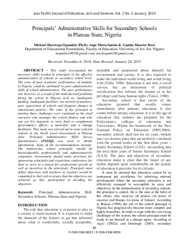 (PDF) Principals’ Administrative Skills for Secondary Schools in Plateau State, Nigeria
