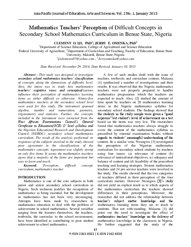 (PDF) Mathematics Teachers’ Perception of Difficult Concepts in ...