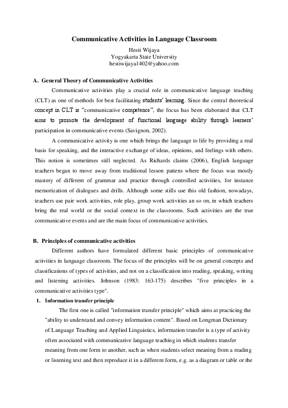 Communicative Activities in Language Classroom