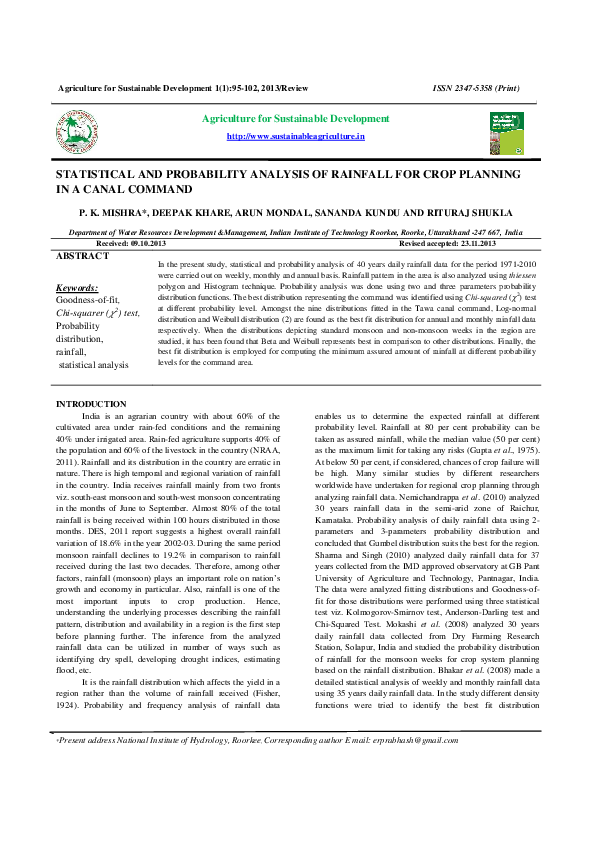 (PDF) STATISTICAL AND PROBABILITY ANALYSIS OF RAINFALL FOR CROP ...