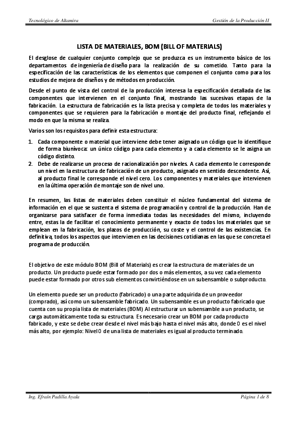 LISTA DE MATERIALES, BOM (BILL OF MATERIALS