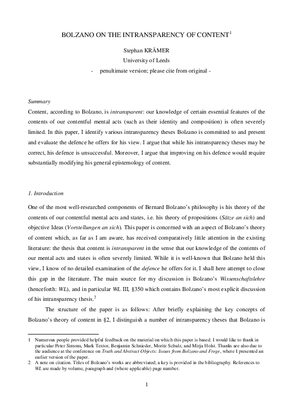 (PDF) Bolzano on the Intransparency of Content