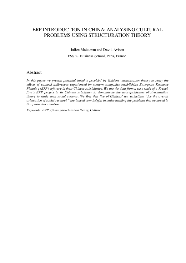 (PDF) ERP INTRODUCTION IN CHINA: ANALYSING CULTURAL PROBLEMS USING STRUCTURATION THEORY