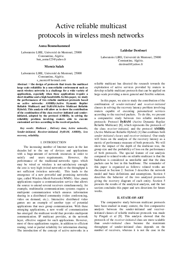 (PDF) Active reliable multicast protocols in wireless mesh networks