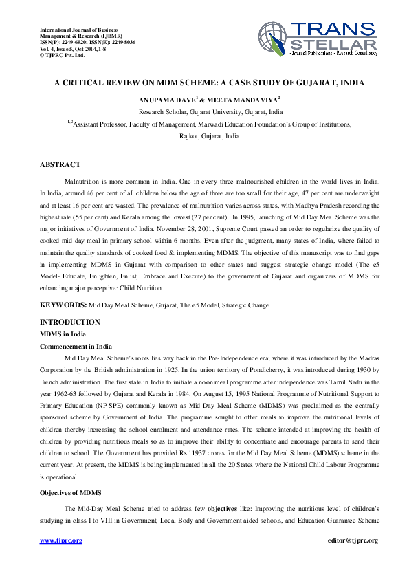 (PDF) A CRITICAL REVIEW ON MDM SCHEME: A CASE STUDY OF GUJARAT, INDIA