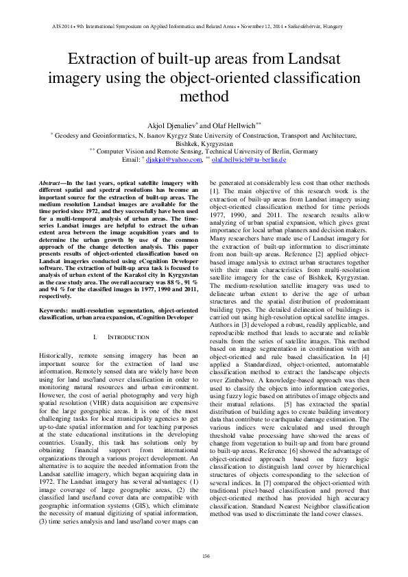 Pdf Extraction Of Built Up Areas From Landsat Imagery Using The Object Oriented Classification