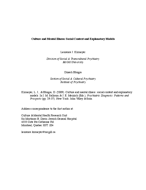 (PDF) Culture and mental illness: social context and explanatory models