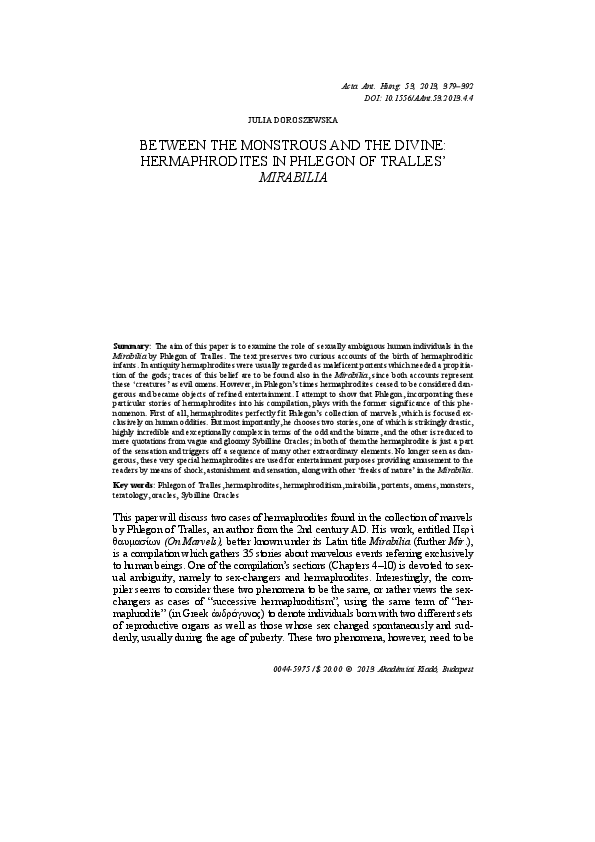 (PDF) Between the Monstrous and the Divine: Hermaphrodites in Phlegon ...