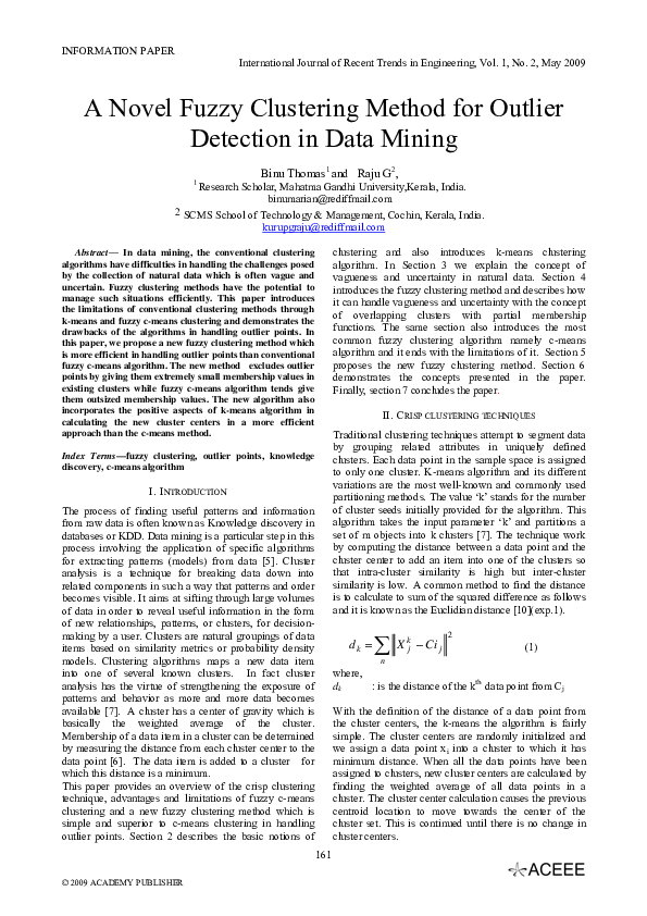 Pdf A Novel Fuzzy Clustering Method For Outlier Detection In Data Mining
