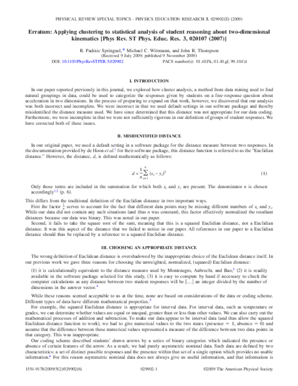 (PDF) Erratum: Applying clustering to statistical analysis of student reasoning about two ...