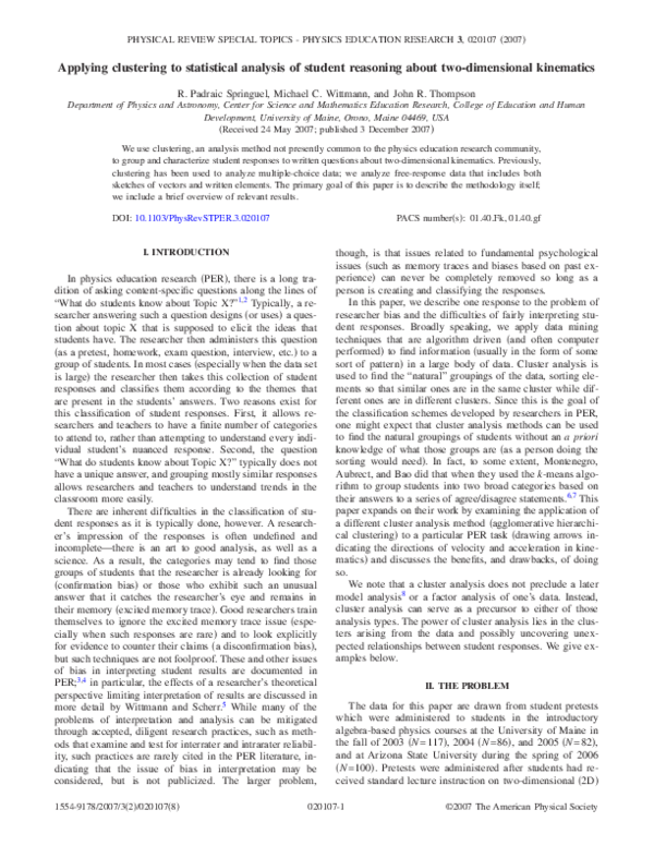 (PDF) Applying clustering to statistical analysis of student reasoning about two-dimensional ...