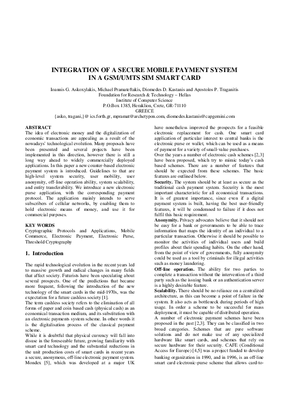 (PDF) INTEGRATION OF A SECURE MOBILE PAYMENT SYSTEM IN A GSM/UMTS SIM ...
