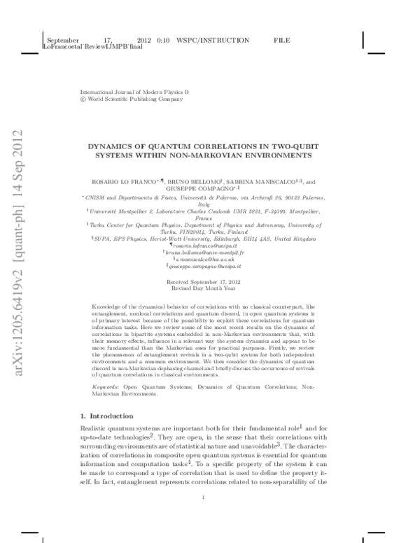 Pdf Dynamics Of Quantum Correlations In Two Qubit Systems Within Non Markovian Environments