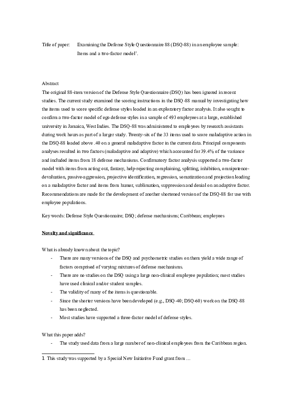 (DOC) Examining the Defense Style Questionnaire 88 (DSQ-88) in an ...