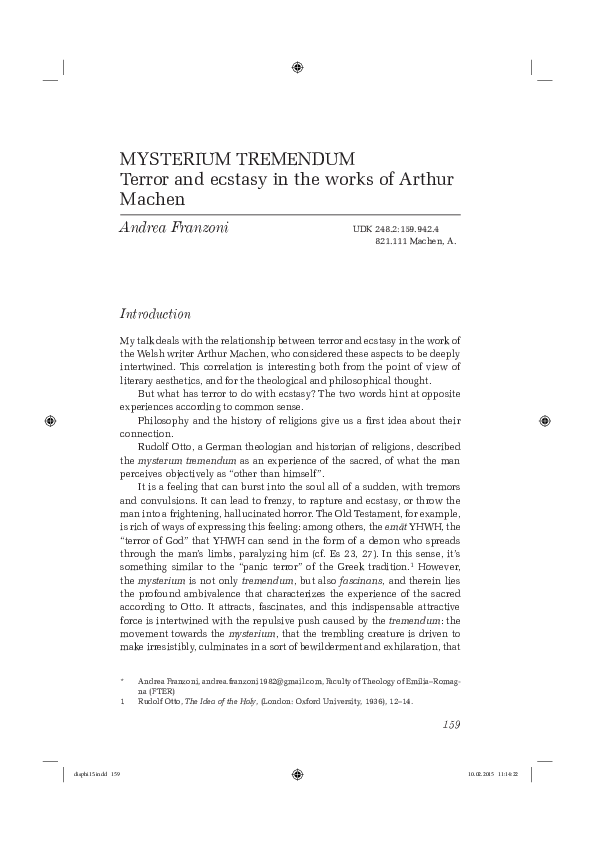 (PDF) Mysterium tremendum. Terror and ecstasy in the works of Arthur Machen