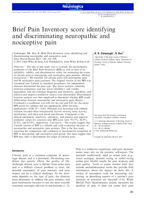 ACTA NEUROLOGICA SCANDINAVICA Brief Pain Inventory score identifying