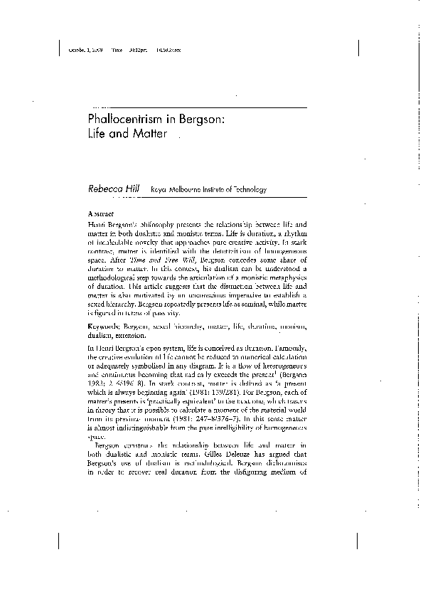(PDF) Phallocentrism in Bergson: Life and Matter