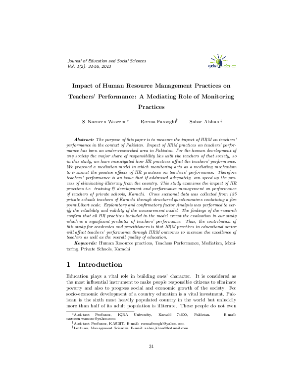 Pdf Impact Of Human Resource Management Practices On Teachers Performance A Mediating Role