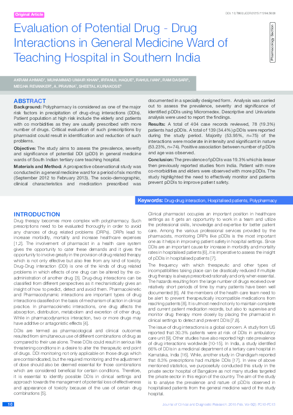 (PDF) Evaluation of Potential Drug - Drug Interactions in General ...