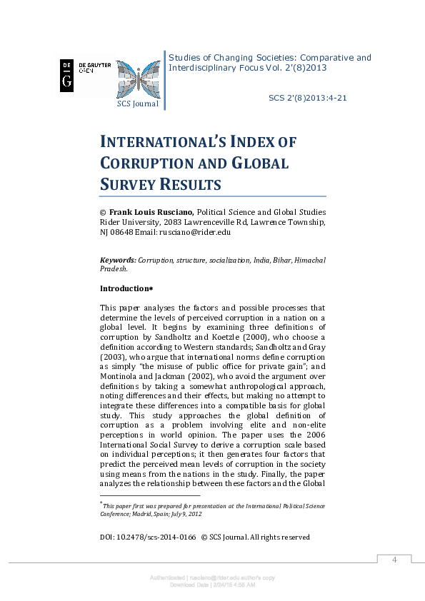 (PDF) International measures of Corruption and Survey Results