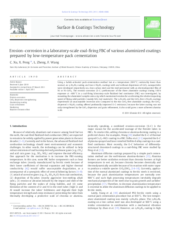 (PDF) Erosion–corrosion in a laboratory-scale coal-firing FBC of ...
