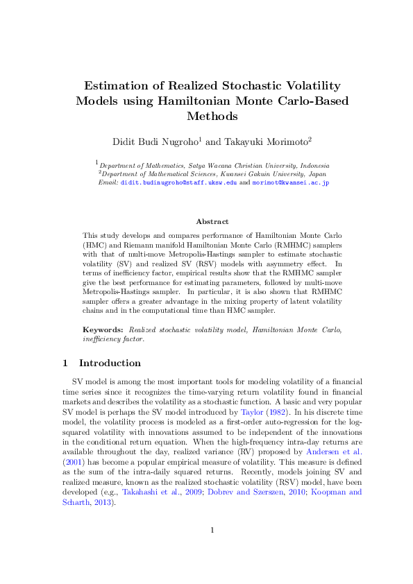 Pdf Estimation Of Realized Stochastic Volatility Models Using Hamiltonian Monte Carlo Based