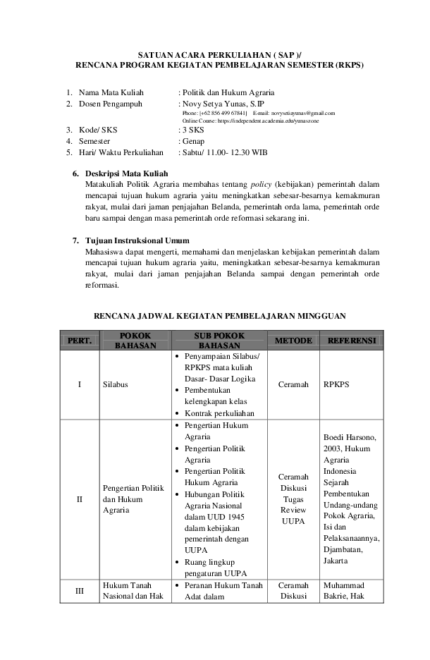 (PDF) [POLITIK & HUKUM AGRARIA 1] RPKPS dan Satuan Acara Perkuliahan